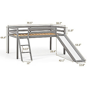 TOLEAD Loft Bed with Slide, Wood Twin Low Loft Bed with Climbing Ladder & Storage Space for Kids Toddler, Grey
