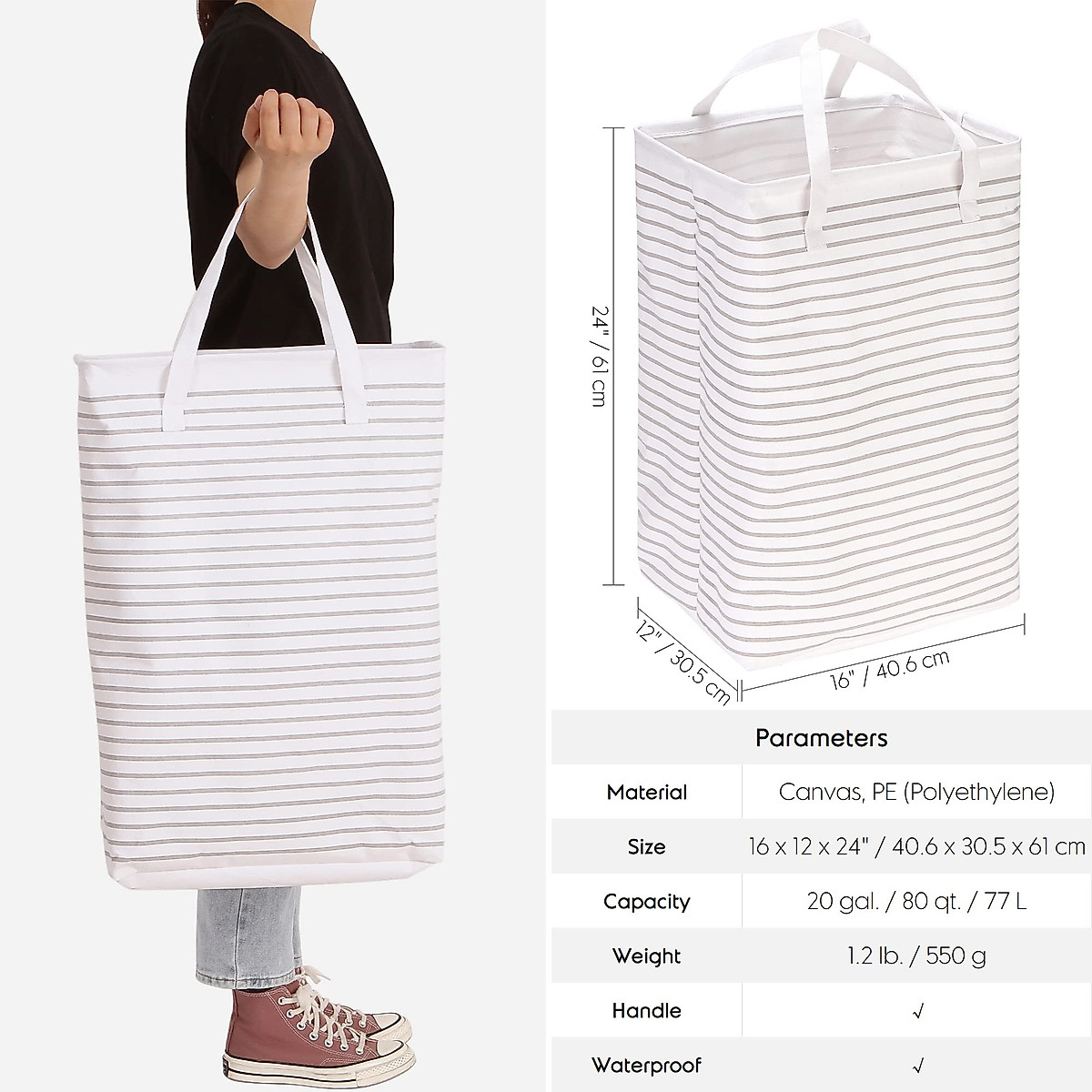 Hinwo 20 Gal / 77L Freestanding Large Laundry Hamper, Collapsible Laundry Storage Basket with Easy Carry Extended Handles for Clothes Toys, 16 x 12 x 24 Inches, Grey Stripe