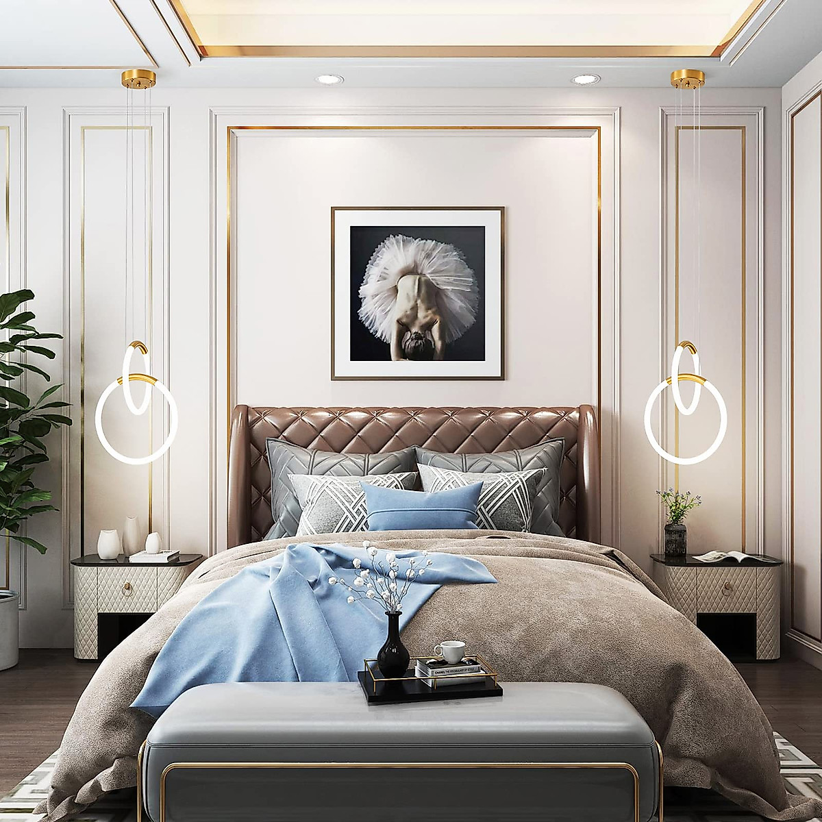 PENACINY Modern LED Pendant Light Fixtures, 22W Adjustable 2 Ring Gold Pendant Lighting,Circular Hanging Chandelier for Kitchen Island Dining Room Bedroom Entryway Hallway,D11.8+D 9.8" 4000K