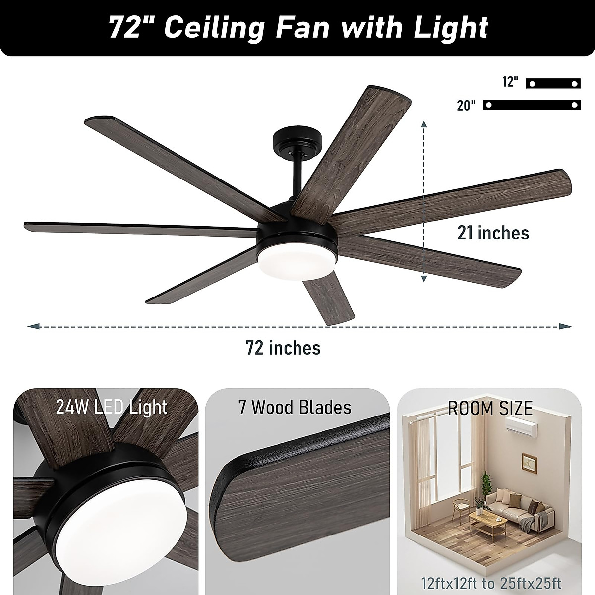 Viossn Ceiling Fans with Lights and Remote, 72 Inch Large Ceiling Fan with Light 7 Blades,Reversible, Dimmable, Outdoor Ceiling Fan with 20" Downrods for Bedroom Living Room Patio