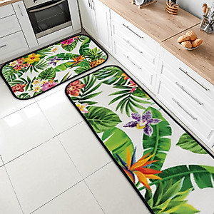 Vantaso Kitchen Floor Mat Rug Tropical Pineapples Palm Flowers Set of 2 Cushioned Non-Slip Comfort Runner Rugs