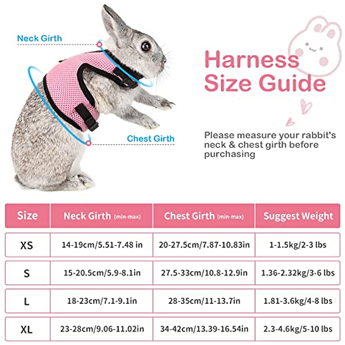 Pettom Bunny Rabbit Harness with Stretchy Leash Cute Adjustable Buckle Breathable Mesh Vest Harness and Leash Set for Kitten Small Pets Holland Lop Bunnies Walking (S(Chest:10.8-12.9 in), Pink)