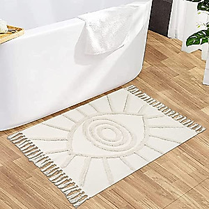 Uphome Boho Bathroom Rugs 2'x3' Beige Evil Eye Tufted Entryway Mat with Tassels Soft Machine Washable Cotton Small Rug Modern Minimalist Accent Throw Rug for Sink Kitchen Bedroom Doorway