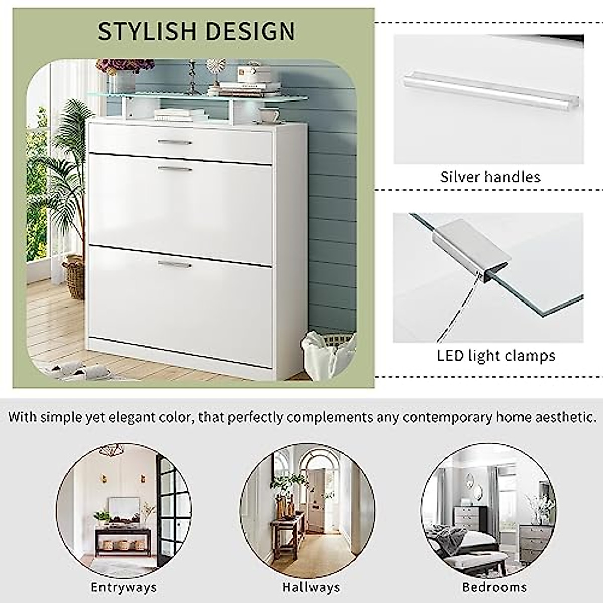 FridayParts Slim Entryway Organizer with 2 Flip Drawers, Tempered Glass Top Shoe Storage Cabinet with Drawer, Free Standing Shoe Rack with LED Light for Hallway, White