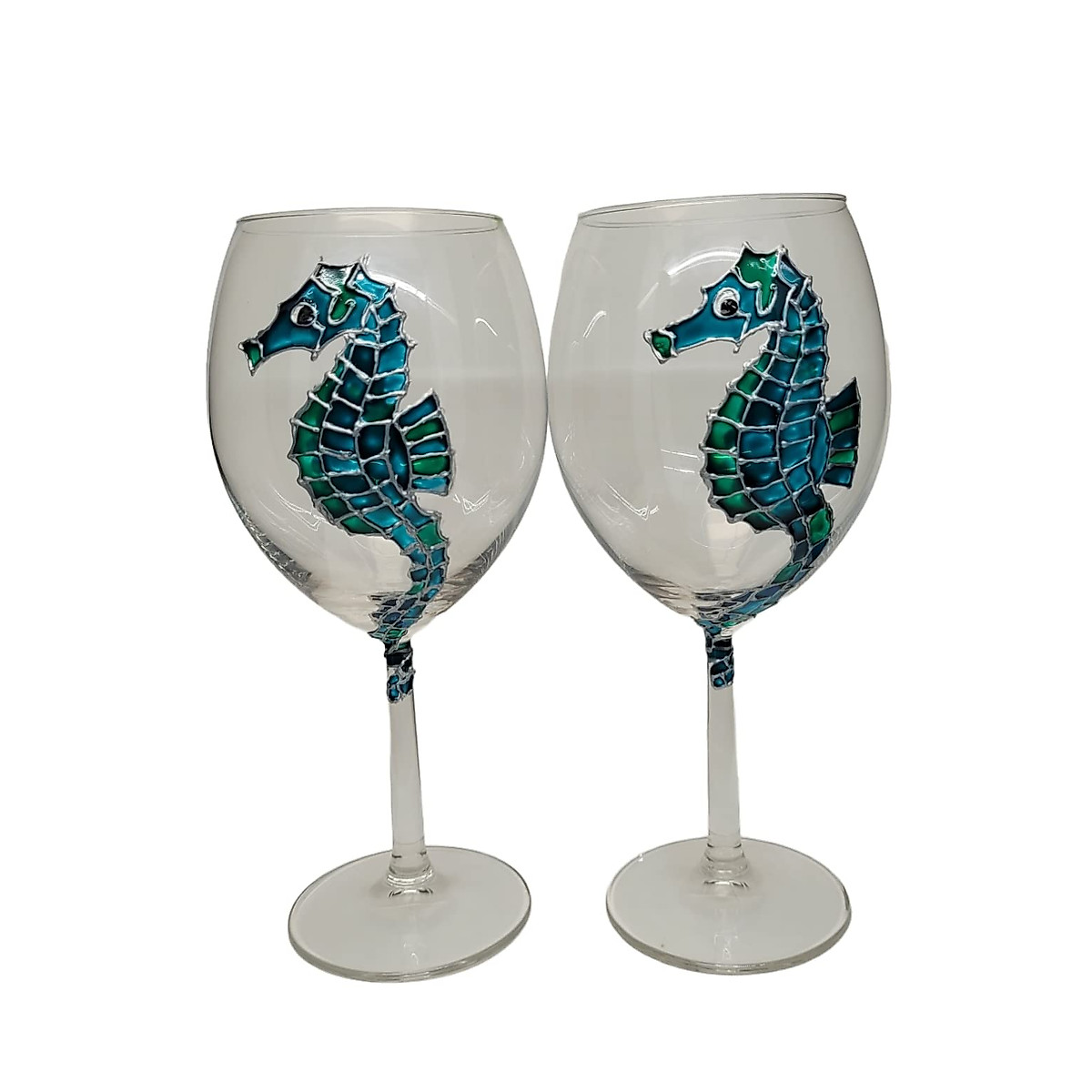 Seahorse Blue Green Hand Painted Wine Glasses Set of 2