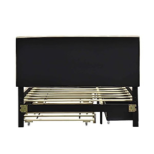 ATY Upholstered Queen Size Bed with Twin-XL Trundle and Two Drawers, Linen Fabric Platform Bedframe w/Lighting& Button Tufted Headboard, Save Space, 86.6" L X 64.6" W X 43.7" H, Beige