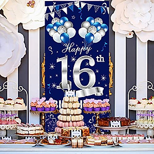 Blue Silver 16th Birthday Door Banner Decorations, Happy 16 Birthday Door Cover Sign Party Supplies for Boys, Sweet 16 Year Old Birthday Photo Booth Backdrop Decor