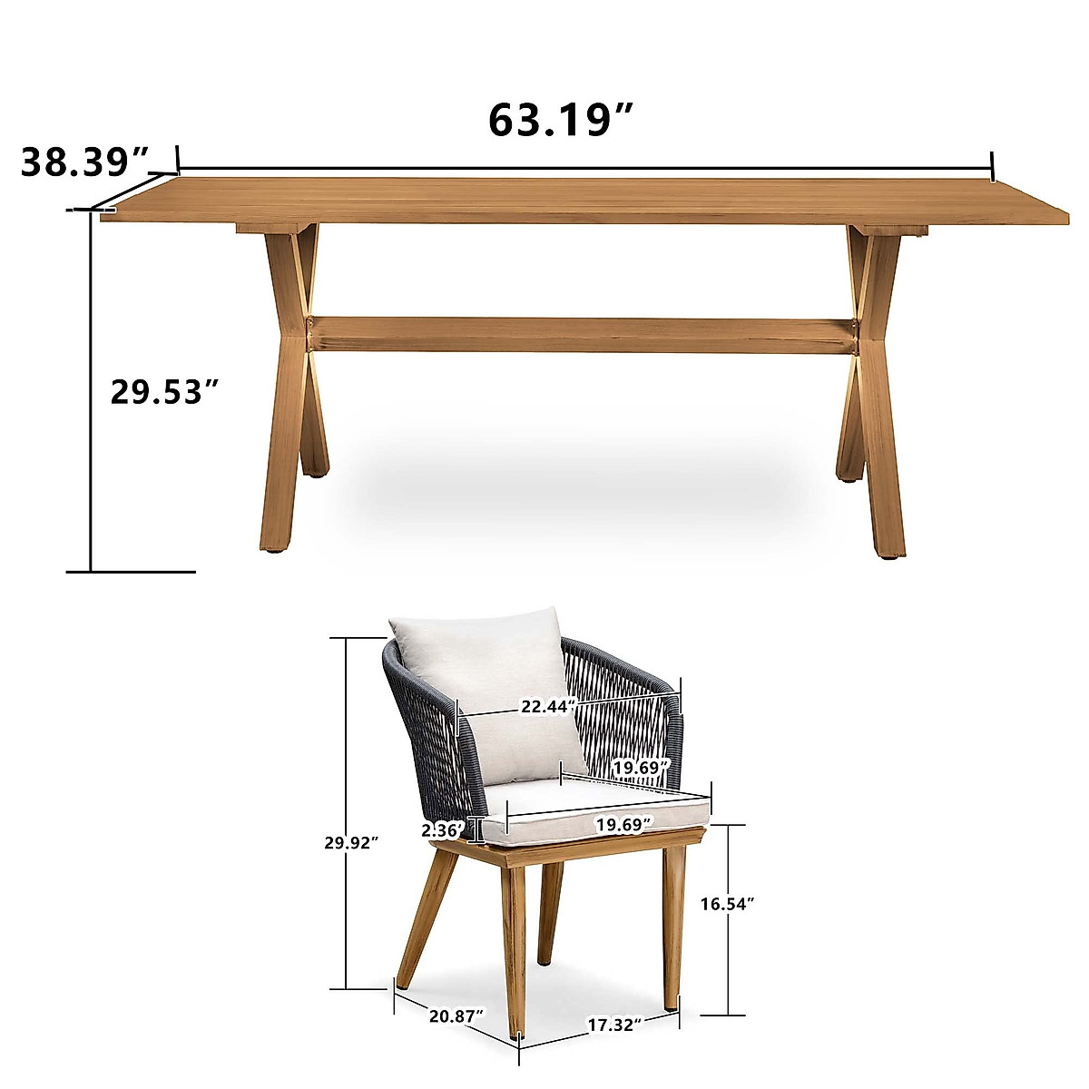 PURPLE LEAF 7 Pieces Patio Dining Set Wicker Outdoor Furniture Rectangular Table and Chairs Set for Garden Deck Teak-Finish Aluminum Frame Backyard Kitchen Set, Cushions and Pillows Included
