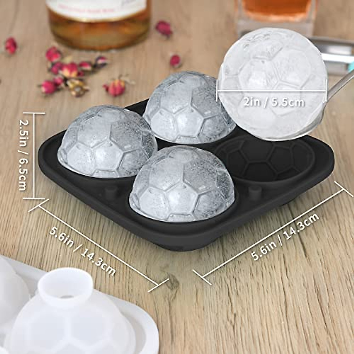Koilox 3D Soccer Ball Molds Ice Cube Trays Black Silicone,4x Large Ice Ball Maker with Lid Easy Release BPA Free 2.2 Inches Sphere Ice Moulds for Freezer,Whiskey,Cocktail,Juice,Bourbon