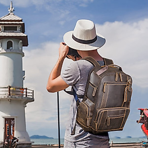 Compalo Leather Backpack for Men, Full Grain Genuine Leather 15.6 Inch Travel Backpack Laptop Bag for Work, Business, Camping, Hiking Backpack Rucksack Brown