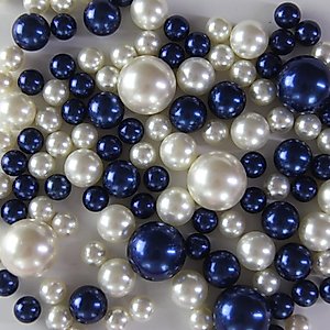 Blue Ivory Pearl Vase Fillers - 120 pcs 1 LB faux pearl beads 14mm 20mm 30mm Assorted with 8000 pcs clear water beads included for home wedding events decroation (Royal Blue, Ivory)
