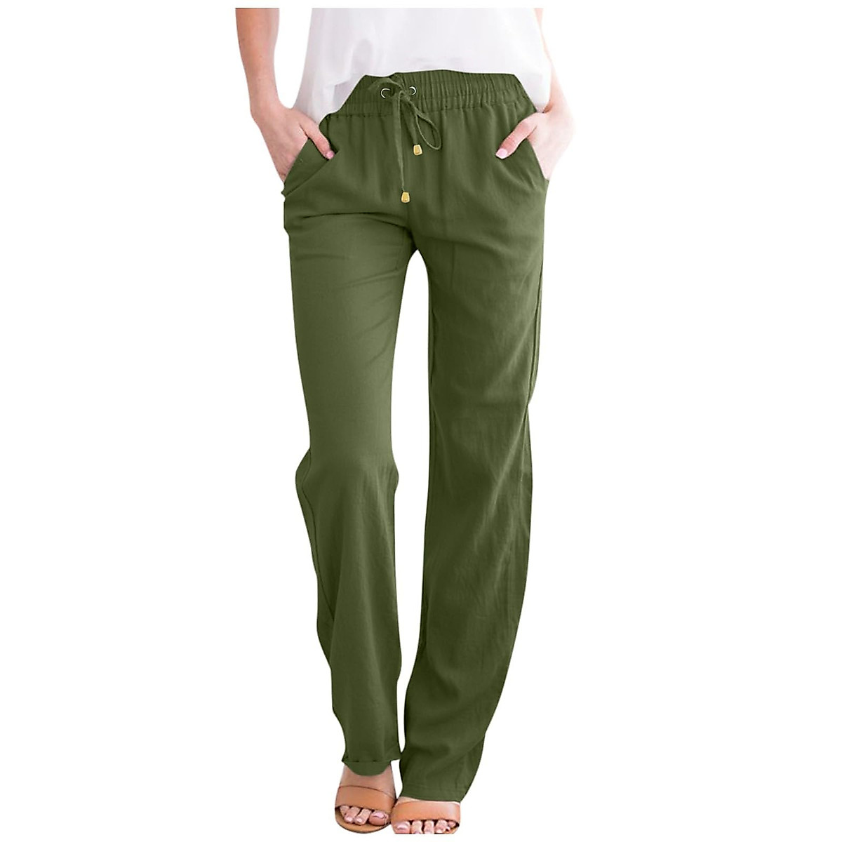 Work Pants for Women Construction, Slacks Black Pants Women's Office Clothes Casual Cotton and Linen Solid Drawstring Elastic Waist Long Straight Pants Dress Crop Wide Pants High (XL, Green)