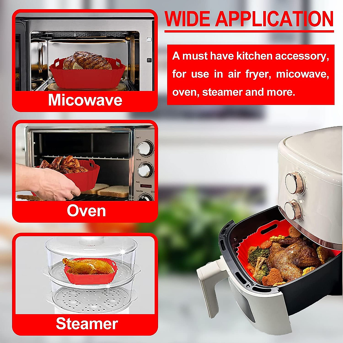 QURAR 2 Pack Air Fryer Silicone Liners | Top 8in, Bottom 7in | Silicone Liners Pot for 4 to 7 QT, Reusable Square Food Safe Silicone Basket Replacement of Flammable Parchment Paper, (Red & Pink)