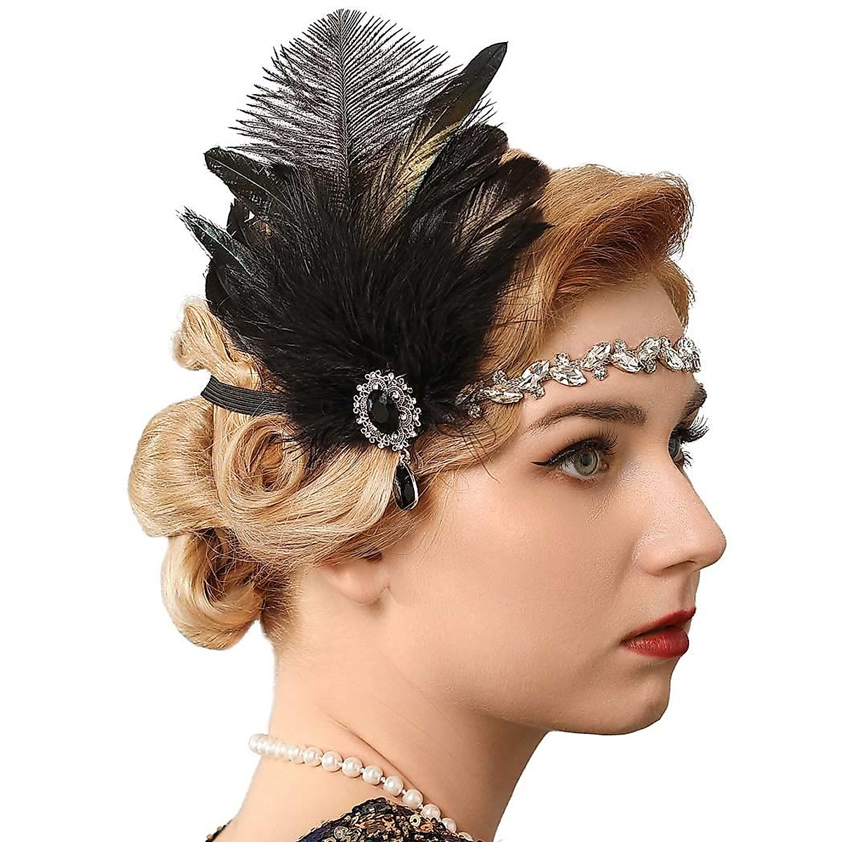 GENBREE 1920s Flapper Headband Black Feather Headpiece Rhinestone Headbands Cocktail Head Accessories for Women(Pattern 3)