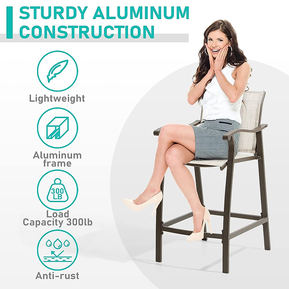 VredHom Outdoor Bar Stools & Chairs Set of 2, 2 PCS Counter Height Bar Stools, Patio Bar Chairs Brown Aluminum Frame & Beige Textilene