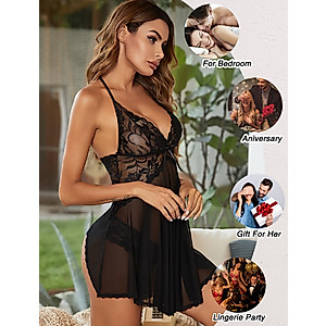 Avidlove Lingerie for Women Lace Babydoll Halter Chemise V Neck Nightgown Sexy Sleepwear Nightdress Black