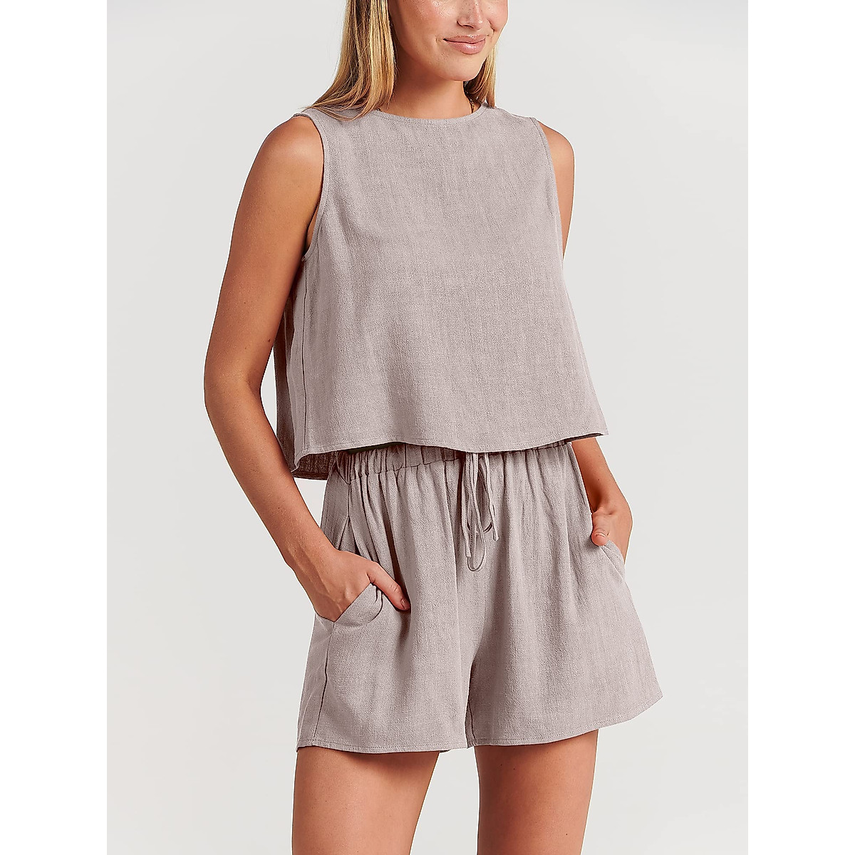 ANRABESS Women 2 Two Piece Outfits Lounge Matching Sets Linen Shorts Boho Aesthetic Clothes Sleeveless Tops 2023 Summer Outfits Vacation Beach 806yinhui-M, Light Grey