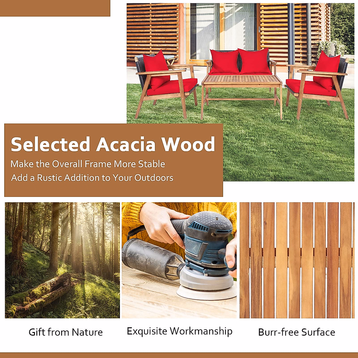 Tangkula 8-Piece Patio Furniture Set, Outdoor Acacia Wood Conversation Set with Cushions and Coffee Table, Outdoor PE Wicker Sectional Sofa Set for Garden, Poolside and Backyard (2, Red)