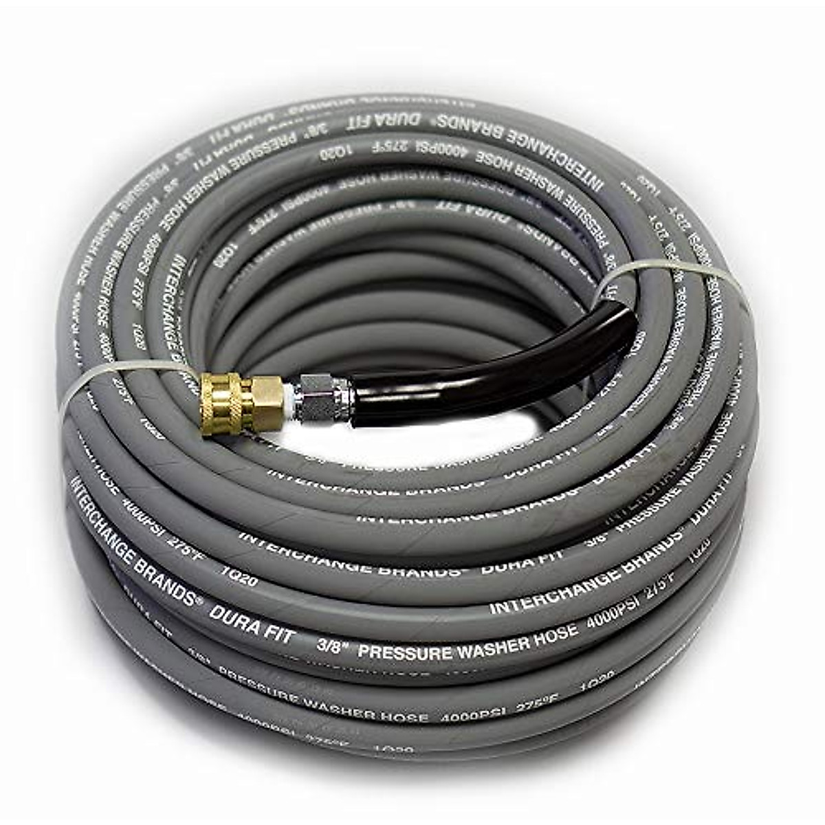 INTERCHANGE BRANDS, LLC - 3/8 In x 100ft 4000 PSI High Pressure Washer Hose Gray Non-Marking, Steel Braid, Quick Couplers, 275 Max Temp, Assembled In USA
