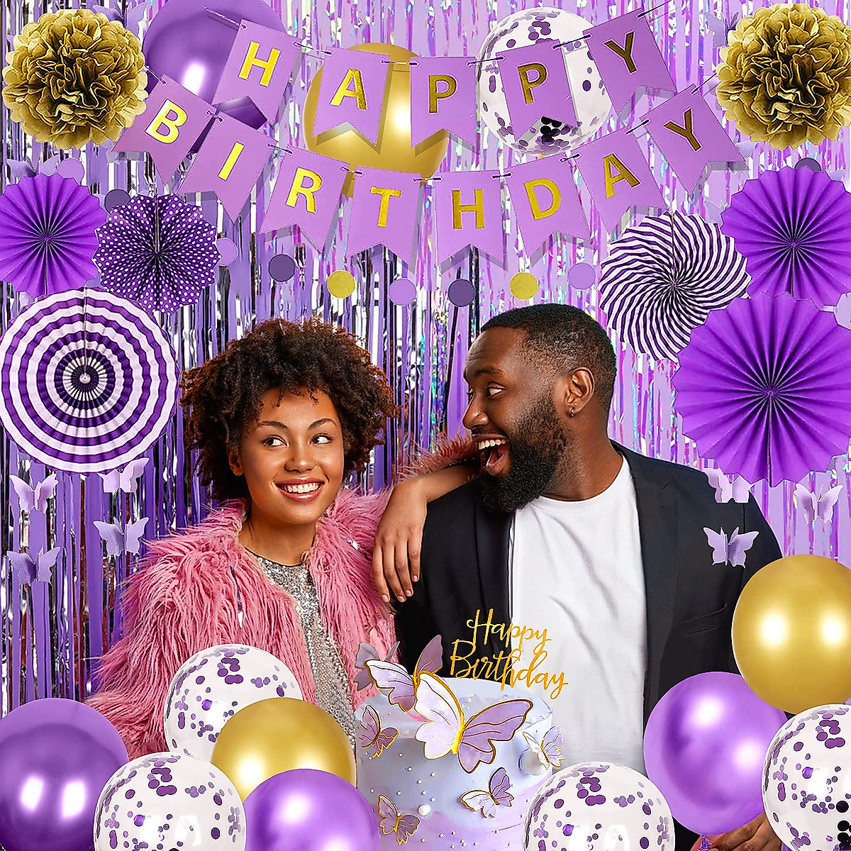 Purple Birthday Party Decorations for Women Girls with Butterfly Hanging Garland,Happy Birthday Banner,Curtains,Circle Dots Garland,Hanging Paper Fans,Butterfly Cake Topper Birthday for Her