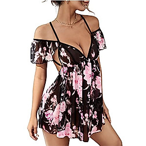 Verdusa Women's Casual Sleepwears Floral Print Cold Shoulder Crisscross Backless Spaghetti Strap Chiffon Nightdress Multicolor M