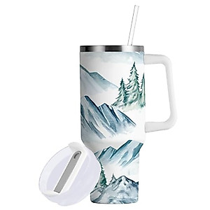 RPLIFE Soft Watercolor Mountains Pastel Green 40 Oz Tumbler with Handle, Stainless Steel Tumbler with Straw, Tea Tumbler