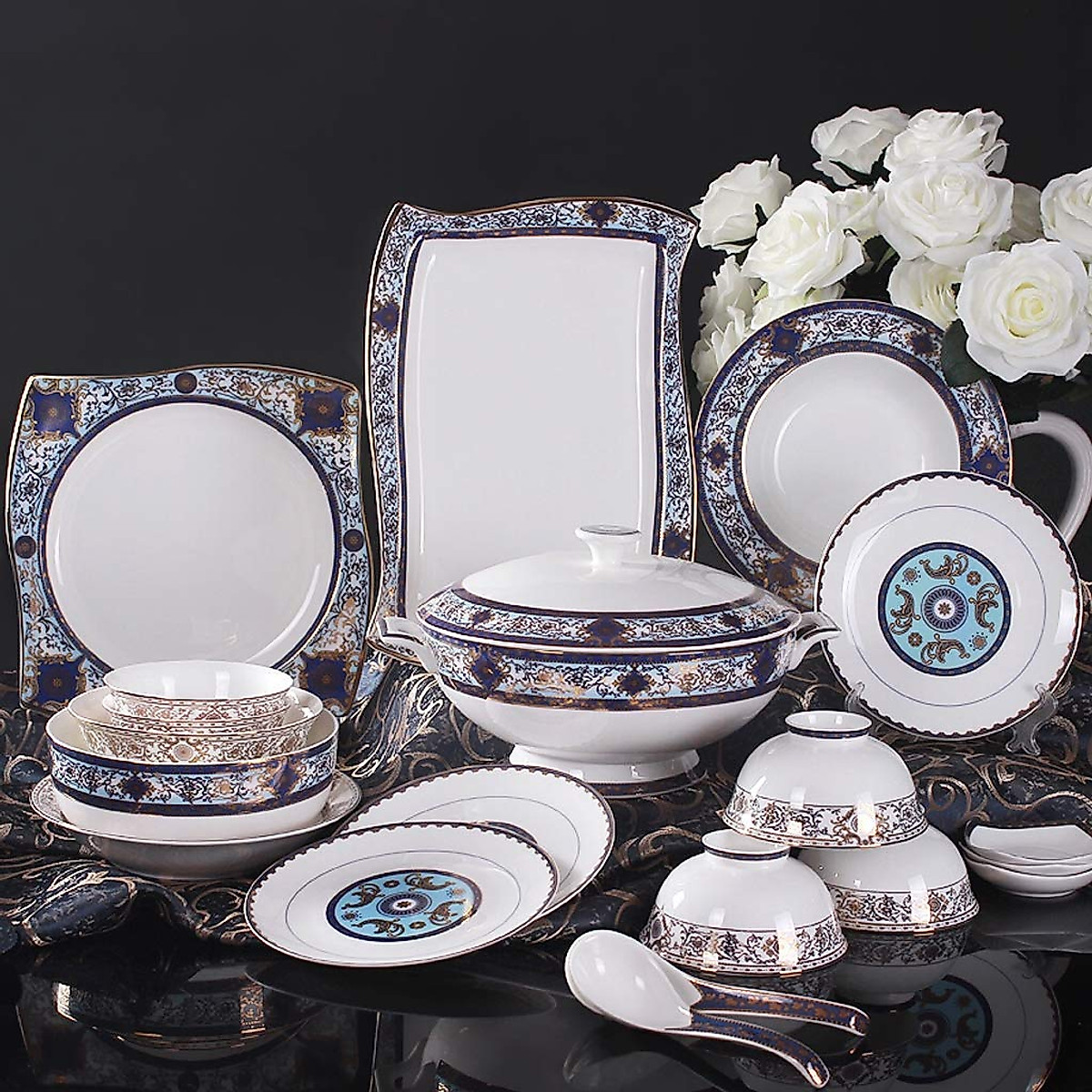 Porcelain Plate and Bowl Set, Ceramics Dinnerware Set with 55 Pieces,Bowl/Dish/Soup Pot/Spoon|Dinner Sets,Blues Garden Pattern Porcelain Combination Set