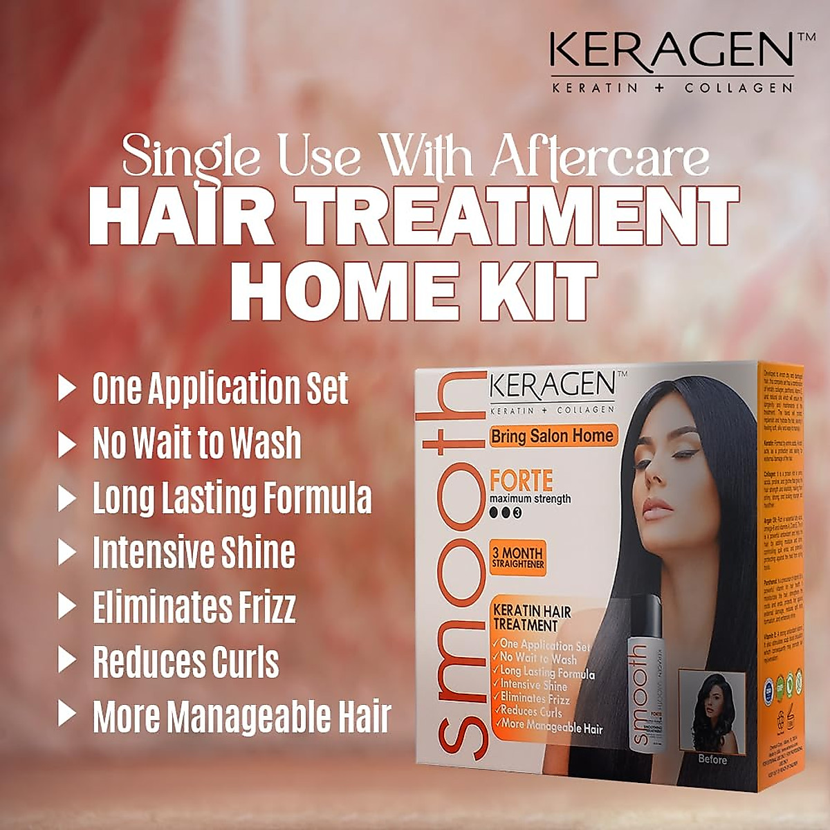 Keragen - Brazilian Keratin Hair Smoothing Treatment Express Home Kit - Blowout Straightening System, with 2 Oz Forte Treatment, 2 Oz Clarifying Shampoo and Aftercare Samples