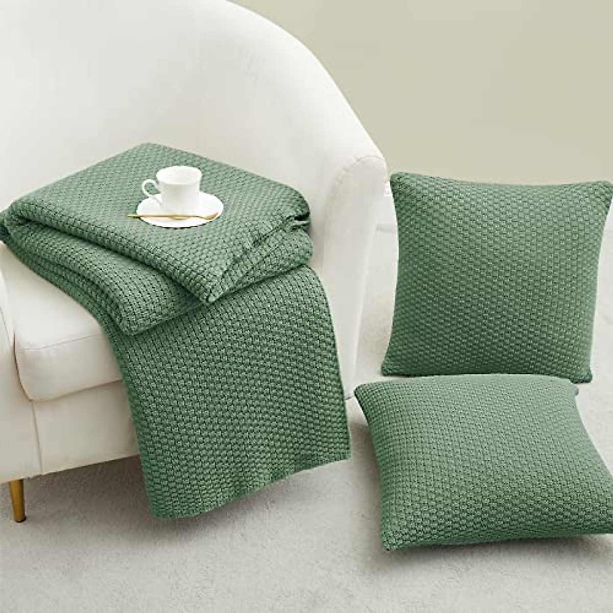 TREELY 3 Piece Sage Green Knit Throw Blanket Set,Warm Knitted Blankets 50" x 60" and 2 Square Pillow Covers 18" x 18", Decorative Throw Blankets for Couch Sofa Bed Living Room