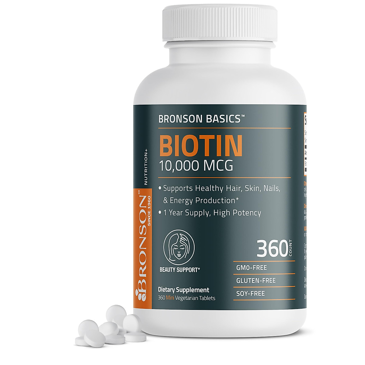 Bronson Biotin 10,000 MCG Supports Healthy Hair, Skin & Nails & Energy Production - High Potency Beauty Support - Non-GMO, 360 Vegetarian Tablets