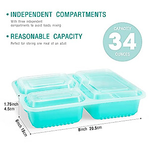 Glotoch Meal Prep Container Reusable, 34 oz 3 Compartment To Go Plastic Food Prep Containers,Disposable Divided Food Storage Containers with Lids for Leftover,BPA Free,Microwave Safe,Green 8 Pack