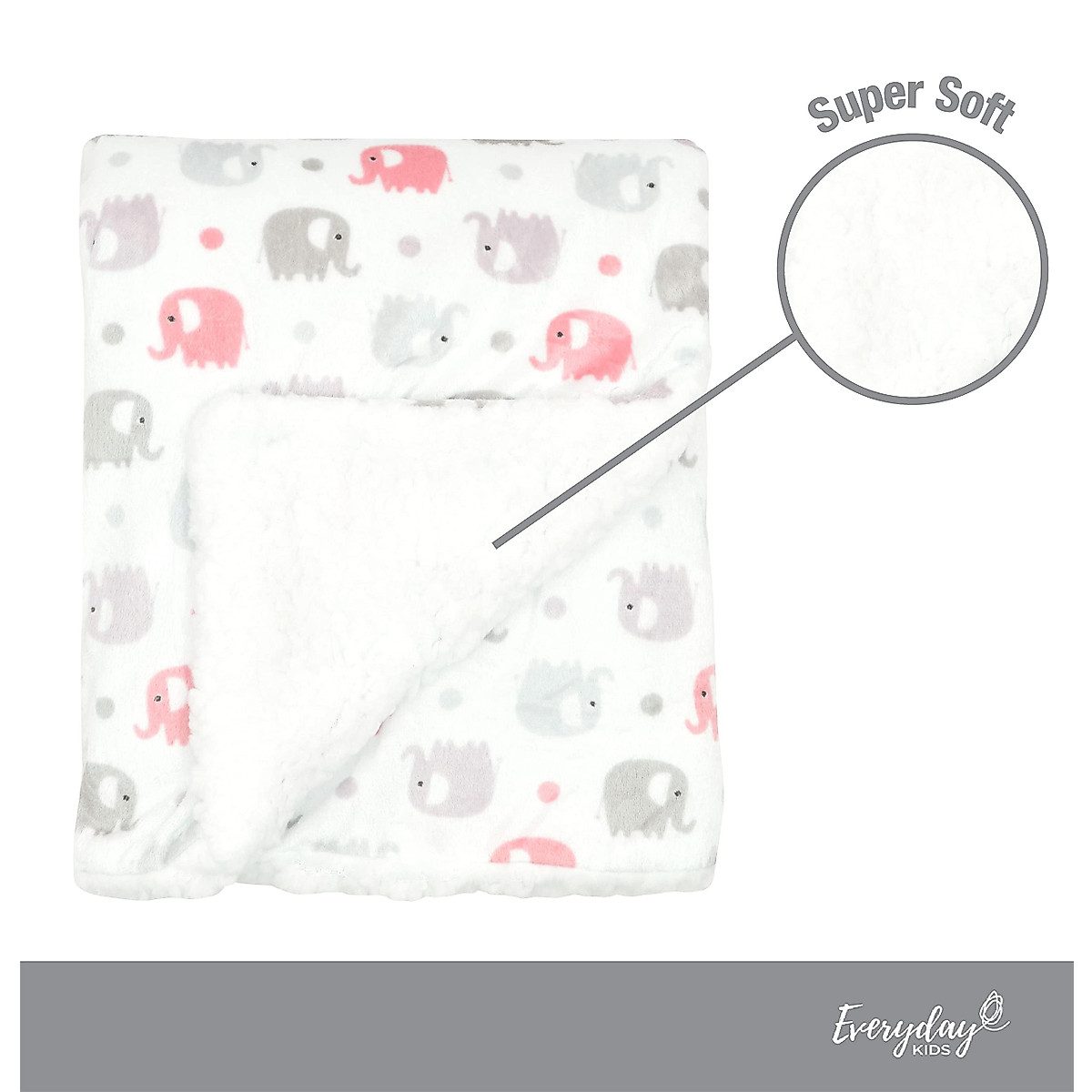 EVERYDAY KIDS Large Ultra Soft Gray and Pink Elephant Minky Baby Blanket for Girls Mink and Sherpa Toddler and Baby Girl Blanket Measures 30 x 40”; Trendy Animal Elephant Baby Nursery Decor