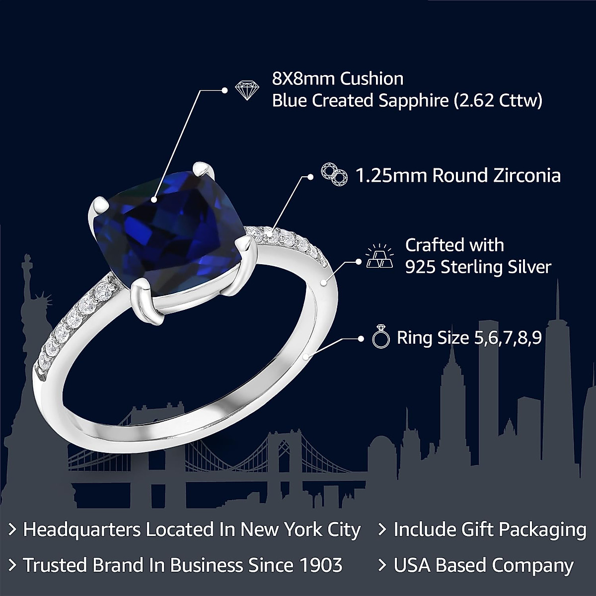 Gem Stone King 925 Sterling Silver Blue Created Sapphire Engagement Ring For Women (2.62 Cttw, Cushion Cut 8MM, Available in size 5, 6, 7, 8, 9)