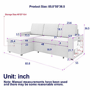 ONEMMLION Convertible Sleeper Sofa Couch with Pullout Bed, 85.8" Reversible Sectional Sofa Bed with Storage Chaise&Storage Racks, 3 Seat L-Shape Pull Out Couch with USB Charge Ports(Beige)