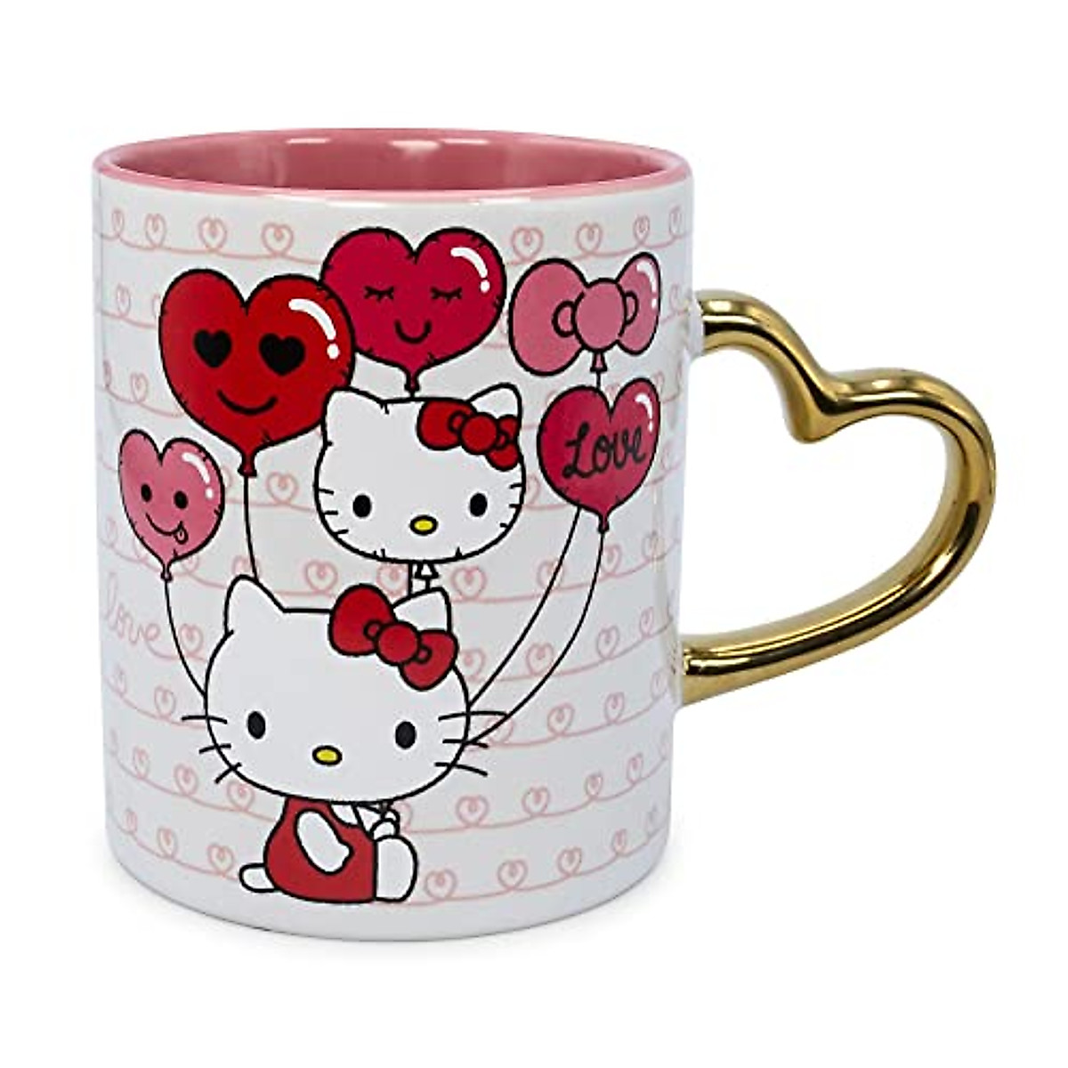 Sanrio Hello Kitty Love Heart-Shaped Handle Ceramic Mug | Large Coffee Cup For Espresso, Caffeine, Beverages, Home & Kitchen Essentials | Cute Valentine's Day Gifts and Collectibles | Holds 14 Ounces