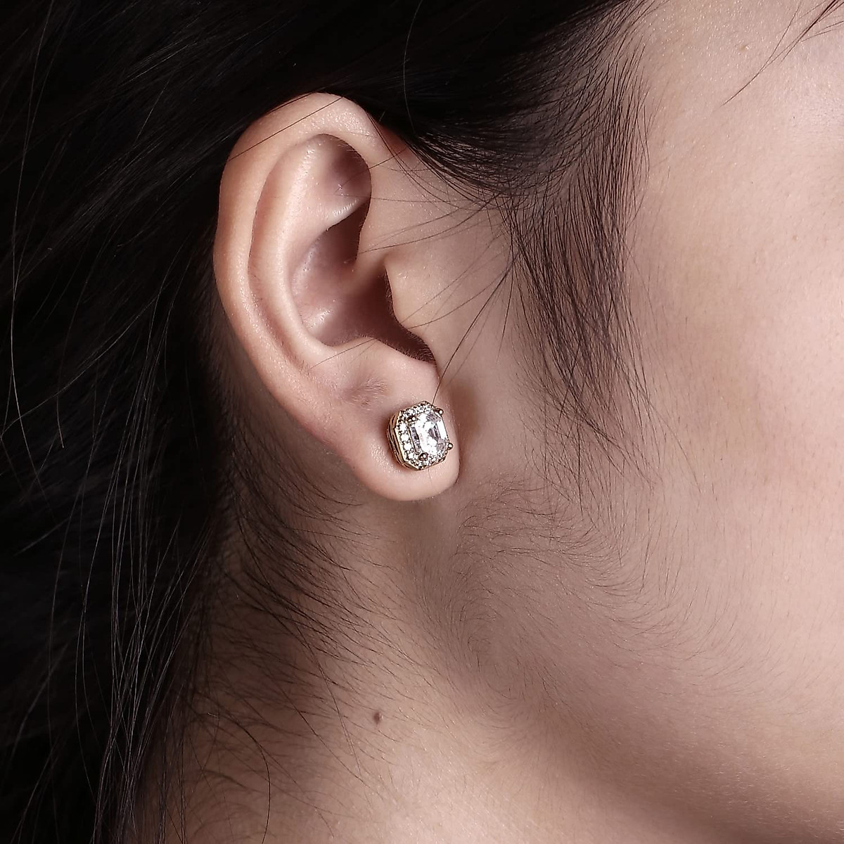 Amazon Collection Yellow Gold Plated Sterling Silver Halo Earrings set with Asscher Cut Infinite Elements Cubic Zirconia (1 cttw)