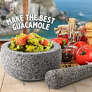 Heavy Duty Large Mortar and Pestle Set, Hand Carved from Natural Granite, Make Fresh Guacamole, Salsa, Pesto, Stone Grinder Bowl, Herb Crusher, Spice Grinder, 6.3" Wide, 2 Cup, Grey