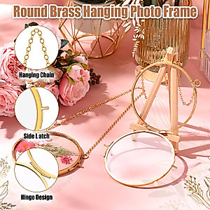 BBTO 8 Pack Round Hanging Glass Frame Small Brass Hanging Photo Frames Set Wall Mounted Gold Double Glass Display for Pressed Flowers Photos Dried Specimen DIY Artwork Display Decoration, 3.9 Inch
