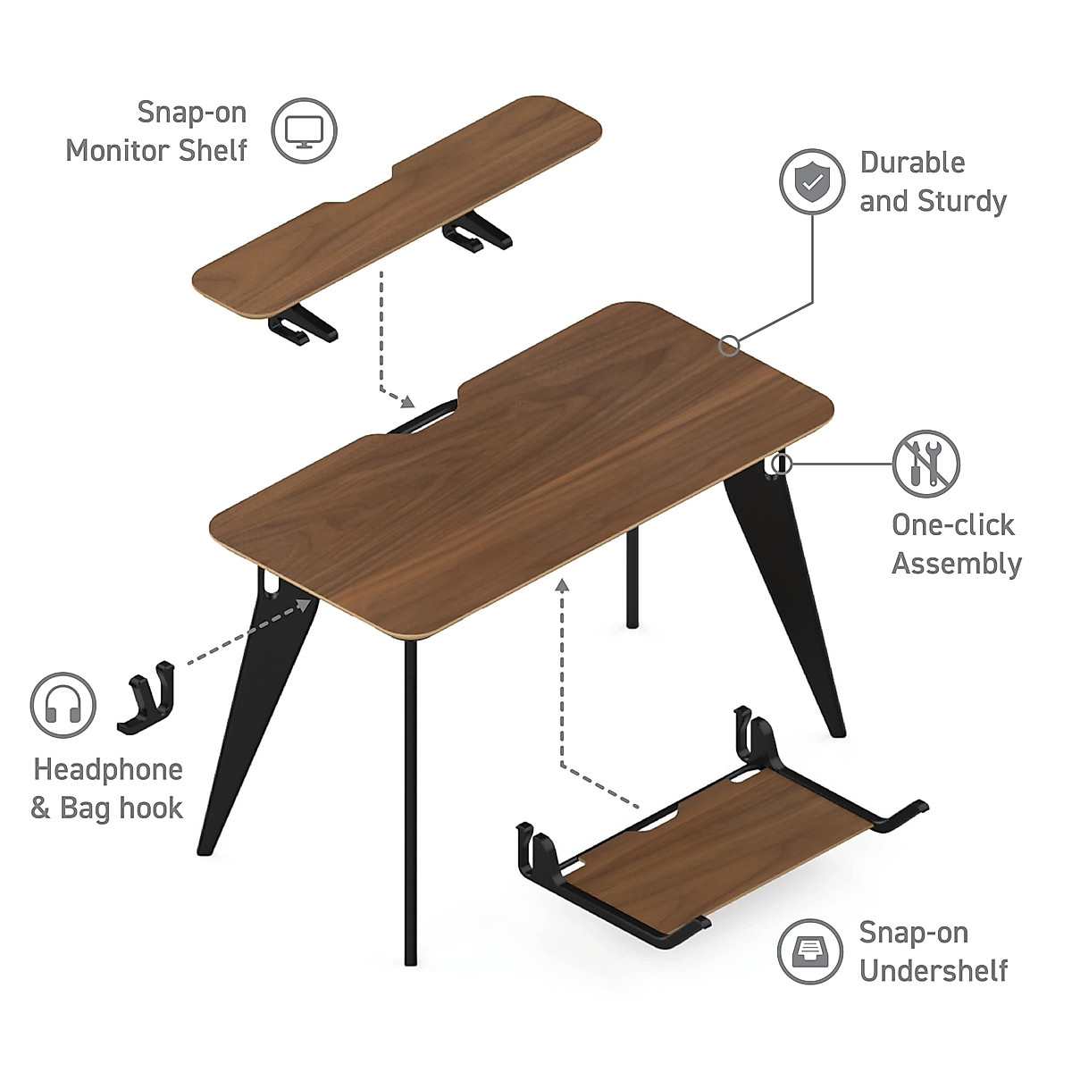 HOEK, Desk, No-Tools, Easy Assembly, Space-Saving, Modular, Mid-Century Modern, Sustainable, Headphone Hook, Monitor Shelf, Home Office, Study, Writing,Working, 23Dx30Hx47.5W (Walnut Top/Black Legs)
