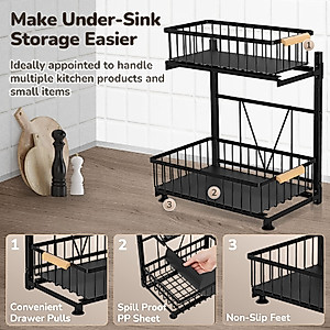 Under Sink Organizer, Pull Out Cabinet Organizer, Metal 2-Tier Under Sink Storage, Adjustable Height Rack Shelf Drawers Sliding Basket for Kitchen Bathroom Utility Room Cabinet