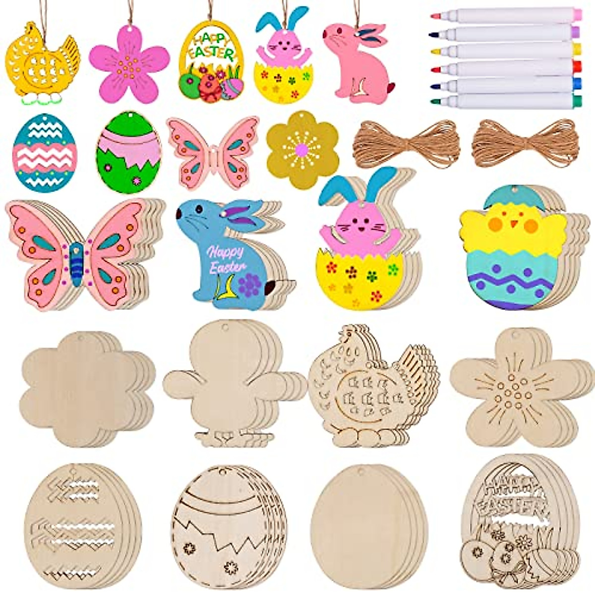 Max Fun 60PCS Easter Wood Cutouts for Crafts Easter Unfinished Ornaments DIY with Bunny to Paint for Kids Easter Party Decorations Decor Hanging Egg Shapes with Drawing Pen and Hang Cords