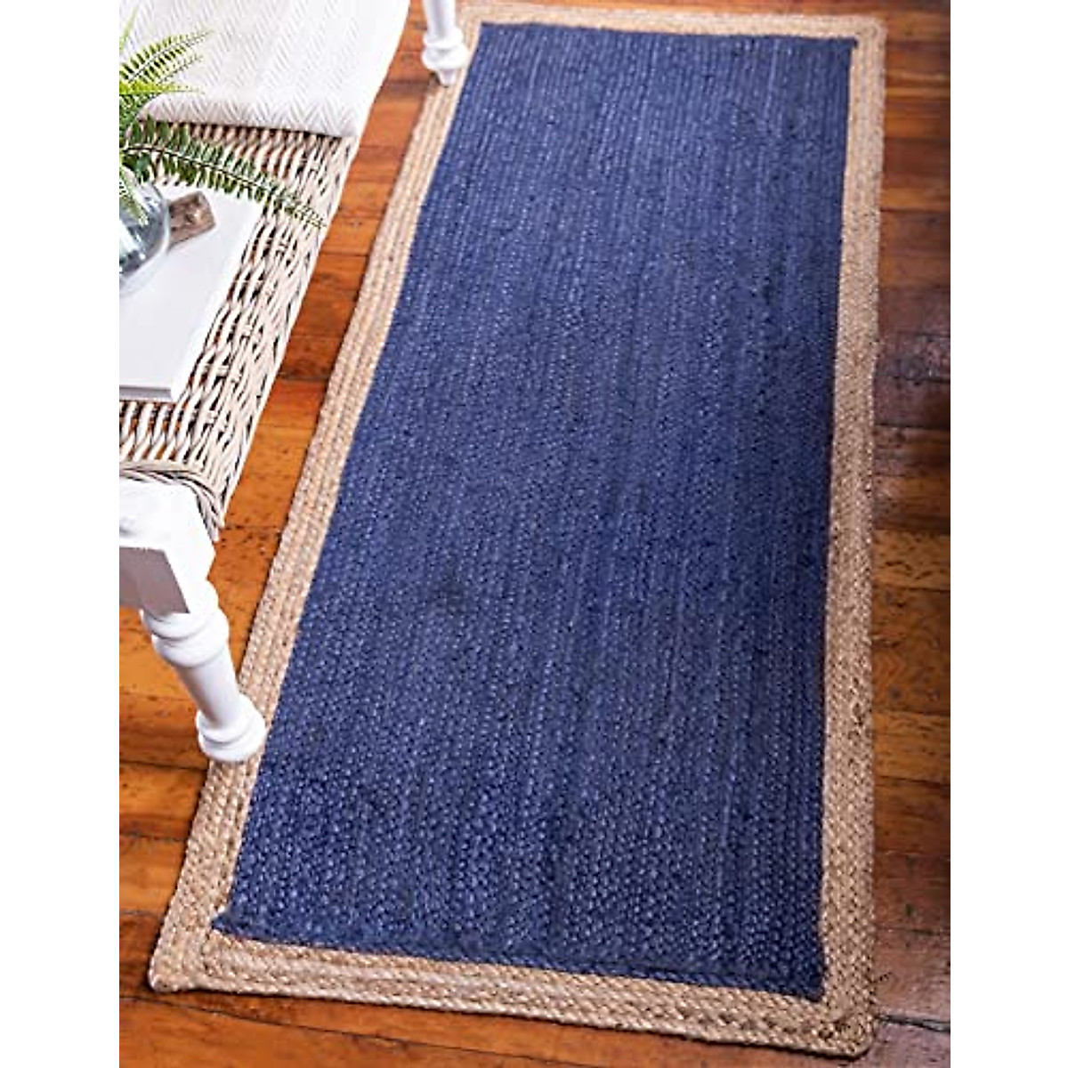 Unique Loom Braided Jute Collection Classic Quality Made Natural Hand Woven with Solid Color Detail, Area Rug, Runner 2' 6" x 6' 0", Navy Blue/Tan