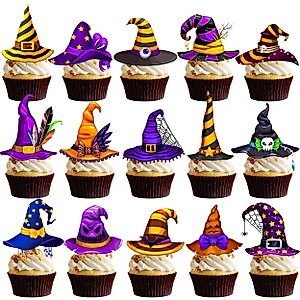 48Pcs Witch Hat Cupcake Toppers Halloween Party Decorations Halloween Witch Hay Theme Cupcake Decorations for Witch Hat Themed Birthday Party Baby Shower Supplies