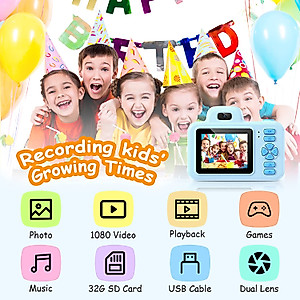 MOREXIMI Kids Camera, Digital Camera for Kids, Upgraded Rotating Zoom Lens, Mini Selfie Children Camera Toys, Christmas Birthday Gifts for 3-9 Years Old Boys Girls, 32GB Card