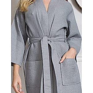 Lotus Linen Women's Lightweight Waffle Kimono Robes for Women - Cotton Spa Grey Bathrobes - Grey Bridesmaids Robe Set (Small, Grey)