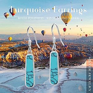Turquoise Dangle Earrings, Rectangle Turquoise Leverback Earrings S925 Sterling Silver Gemstone Earrings Jewelry for Women