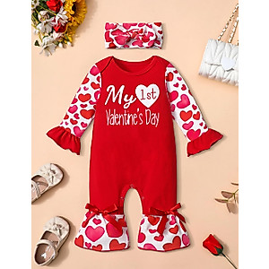 Valentines Baby Girl Outfit, 0-3 Months My First Valentines Day Baby Girl Outfit Letter Printed Long Sleeve Romper Ruffle Jumpsuits with Headband 2Pcs Set