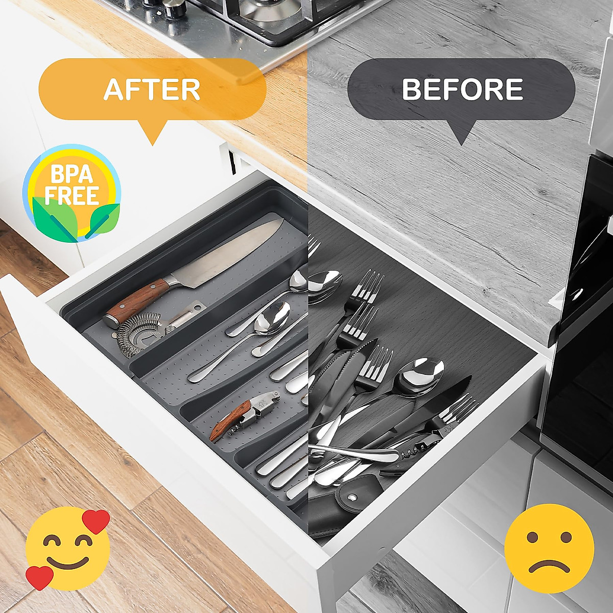 3 Pack Clear Plastic Drawer Organizer, No-Slip Cutlery Tray Utensil Organizer for Kitchen Drawers, Cosmetic Tray for Dressing Table Makeup Storage Organiser in Bedroom and Living Room 7.5" X 13"