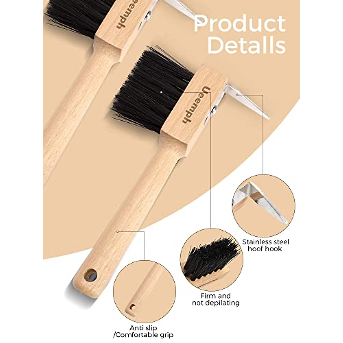 Ueemph Hoof Picks for Horses,Wooden Handle Hoof Pick with Brush，Sturdy and Durable，Excellent Texture， (1 Pieces)