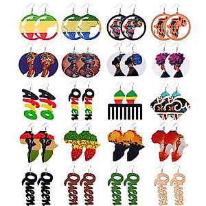 BOMAIL 20Pairs African Wooden Earrings for Women Round Wood Painted Earring Drop Earring Ethnic Style (D20P)